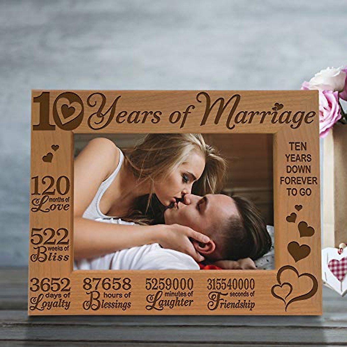 KATE POSH - Our 10th Wedding Anniversary Picture Frame, 10th Anniversary, 10 Years Anniversary, 10 Years of Marriage, 120 Months of Love - Engraved Natural Wood Picture Frame (4x6-Horizontal)