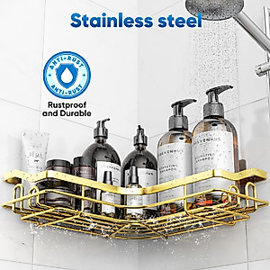 Hsiohe Gold Corner Shower Caddy, Adhesive Shower Organizer for Bathroom Storage, Rustproof Stainless Steel Shower Shelves, No Drilling, Space-Saving Shower Rack Shelf for Inside Shower 5 Pack