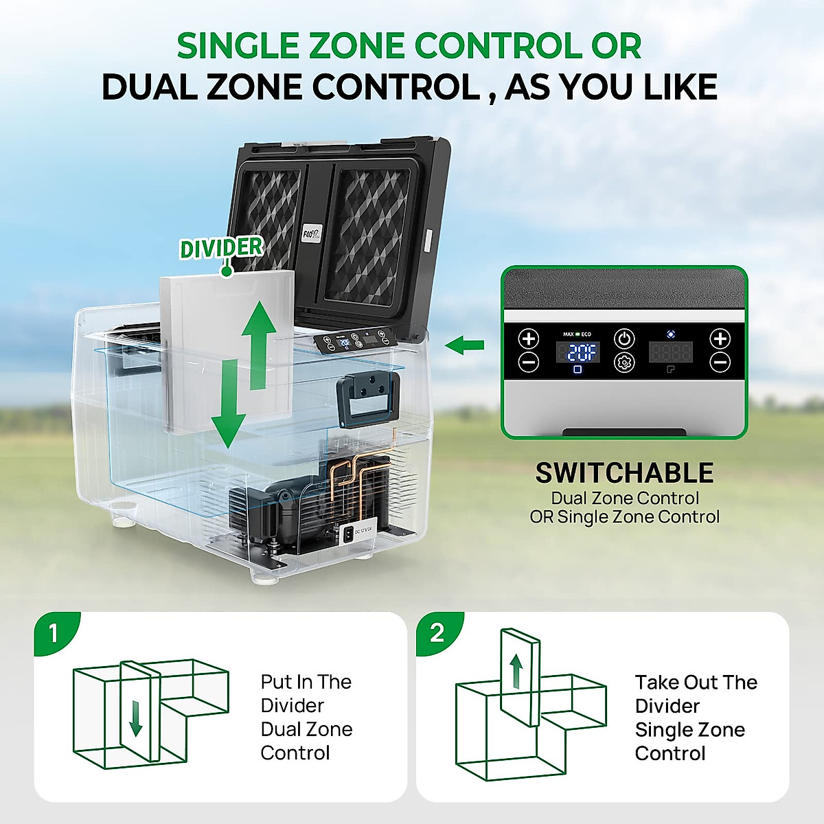 F40C4TMP 12 Volt Portable Refrigerator, 37 Quart Dual Zone Car Freezer With Independent Temperature Control, -4℉ to 50℉, 35L Compressor Fridge For Camping, Travel, Road Trip, Vehicle, Car, Truck, Van, RV, Outdoor and Home, 12V/24V DC & 110V AC