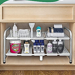 MULISOFT 2-Tier 10 Panels Under Sink Organizer Kitchen Rack Expandable Cabinet Shelf Organizer Rack with Removable Panels for Kitchen Bathroom Storage (expand from 17 to 29 inches) Stainless Steel