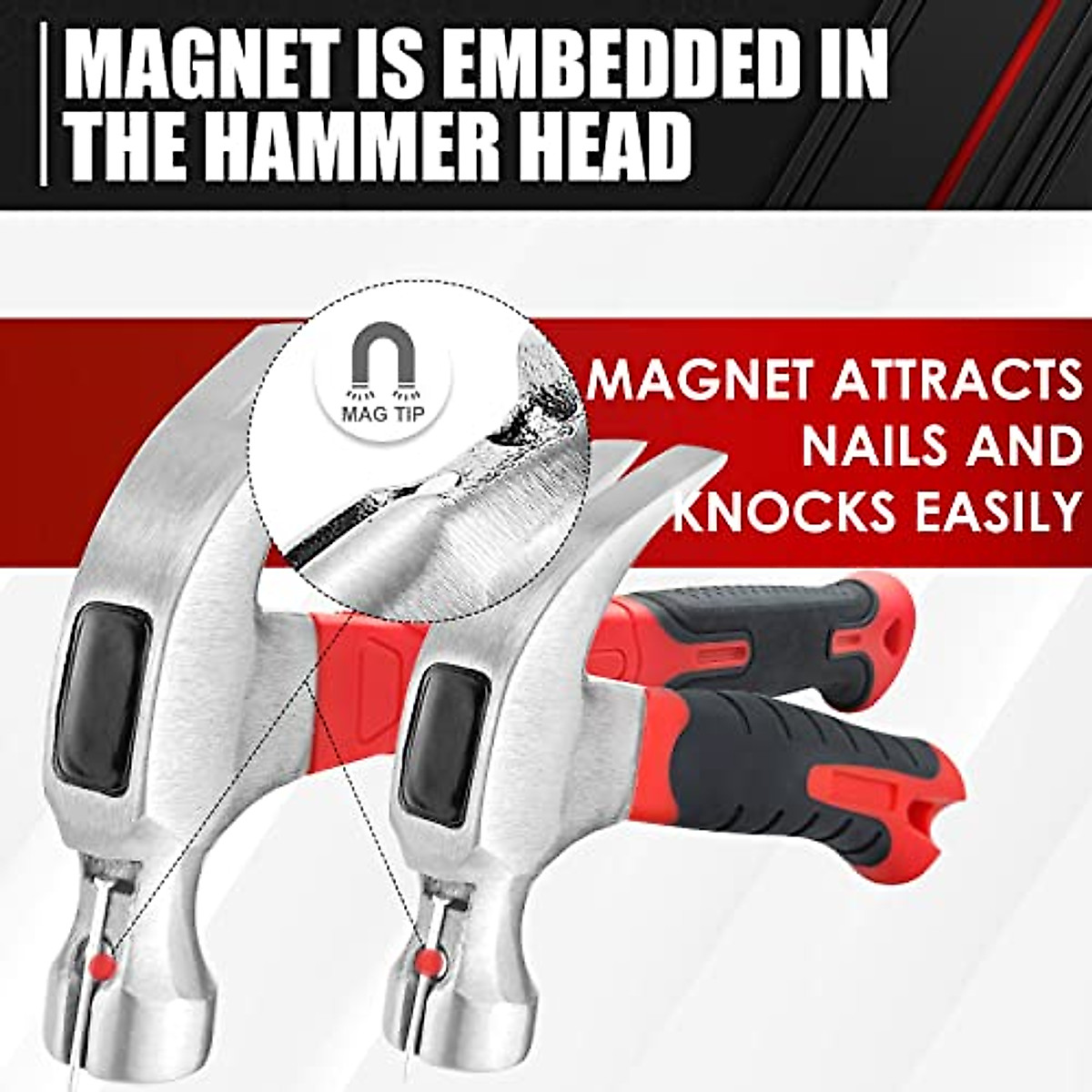 C&T 2 Piece Hammer Set,8oz Stubby Claw Hammer With Magnetic Nail Starter & 16oz Fiberglass General Purpose Claw Hammer & 560pcs Hardware Nail Assortment Kit, Soft Nonslip Handle & Heat Treated Head
