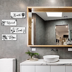 4 Pieces Bathroom Wall Art Rustic Farmhouse Decor Sign Relax Soak Unwind Breathe Wood Hanging Sign for Home Spa Bathroom Laundry Decor