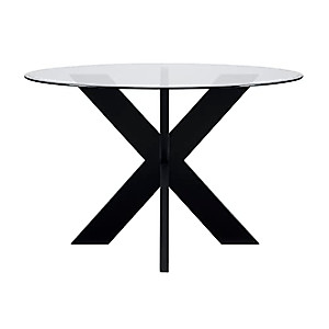 Powell Black Wood Modern Round Glass Top Parnell X Base Dining Table