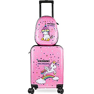 Weewooday Kids Luggage and Backpack 18" Suitcase with Spinner Wheel Hard Case Travel 13" Backpack Girl Suitcase Set for Kids Travel Supplies(Pink,Unicorn Style)