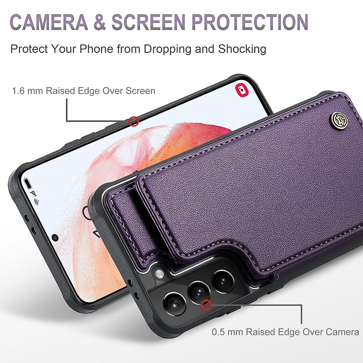 Vinich for Samsung Galaxy S21 Case with Card Holder, for Samsung S21 Wallet Case for Women Men with RFID Blocking, Durable Kickstand Shockproof Phone Case for Galaxy S21 5G, Purple