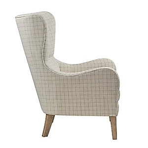 Madison Park Arianna Upholstered High Wingback Accent Chair with Solid Wood Legs and Rounded Arms, Pipped, Chic Transitional, Plaid Fabric Padded Cushion Seat Bedroom Lounge Comfy for Reading, Linen