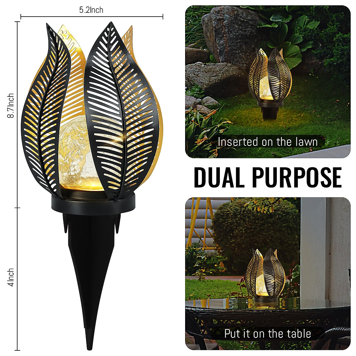 QZGE Solar Garden Lights Waterproof Decorations,Crackle Globe Glass,Metal Palm Leaf Solar Lights for Outdoor Decor On Garden,Patio,Yard,Front Porch,Tabletop Lamp-Perfect Gifts