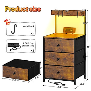 EnHomee Tall Nightstand Set of 2 with Charging Station and Led Lights Nightstand with 3 Drawers and Shelves Bedside Table with USB Ports and Outlets, for Bedroom, 4 Hooks, Rustic Brown