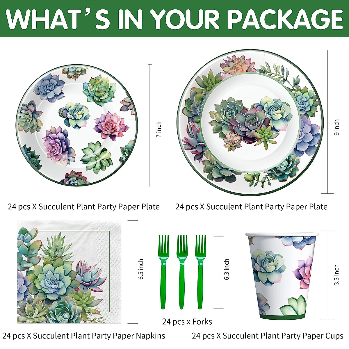 Xigejob Succulent Party Decorations Tableware - Succulent Baby Shower Decorations Dinnerware, Plate, Cup, Napkin, Fork, Cactus Succulent Party Supplies For Birthday Bridal Shower Wedding | Serve 24