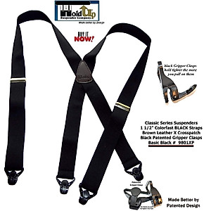 1 1/2" Wide Classic Series Holdups Suspenders for Men in X-back style w/USA Patented No-slip® Silver Clips (Black XS)