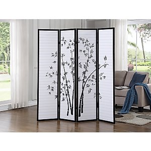 Roundhill Bamboo Print 4-Panel Framed Room Screen/Divider, black