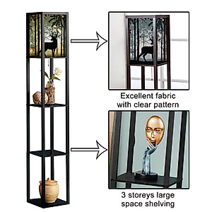 JITHCG Deer with Antlers Posing Forest Silhouettes of Tree Magical Misty Standing Lamp with Shelves Flaxen Fabric Shade Floor Lamp Tall lamp Corner Bedside Lamp for Living Room Bedroom Aesthetic Decor