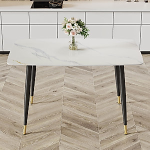 Maotifeys Luxury White Marble Dining Table for 4 Rectangular Sintered Stone Kitchen Table with Black Gold Legs Modern 50" Marble Stone Dinner Table for 4-6 People in Kitchen Dining Room