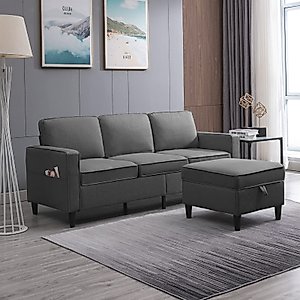 CECER Sectional Sofa, Convertible Couch, L-Shaped Couch with Storage Ottoman, Linen Fabric 3-seat Couches with Movable Ottoman, Chasie Lounge for Small Space-Apartment/Living Room (Dark Grey)