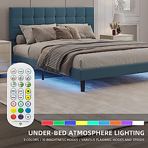 MegaChunk Queen Size Upholstered Platform Bed with Adjustable Linen Headboard and RGB Lights - Sturdy Bed Slats System, No Box Spring Needed - Blue