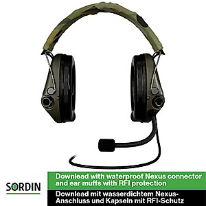 Sordin Supreme MIL CC Active Ear Defenders - Camo Band & Foam Kits - Nexus TP120 Downlead - Green Ear Muffs