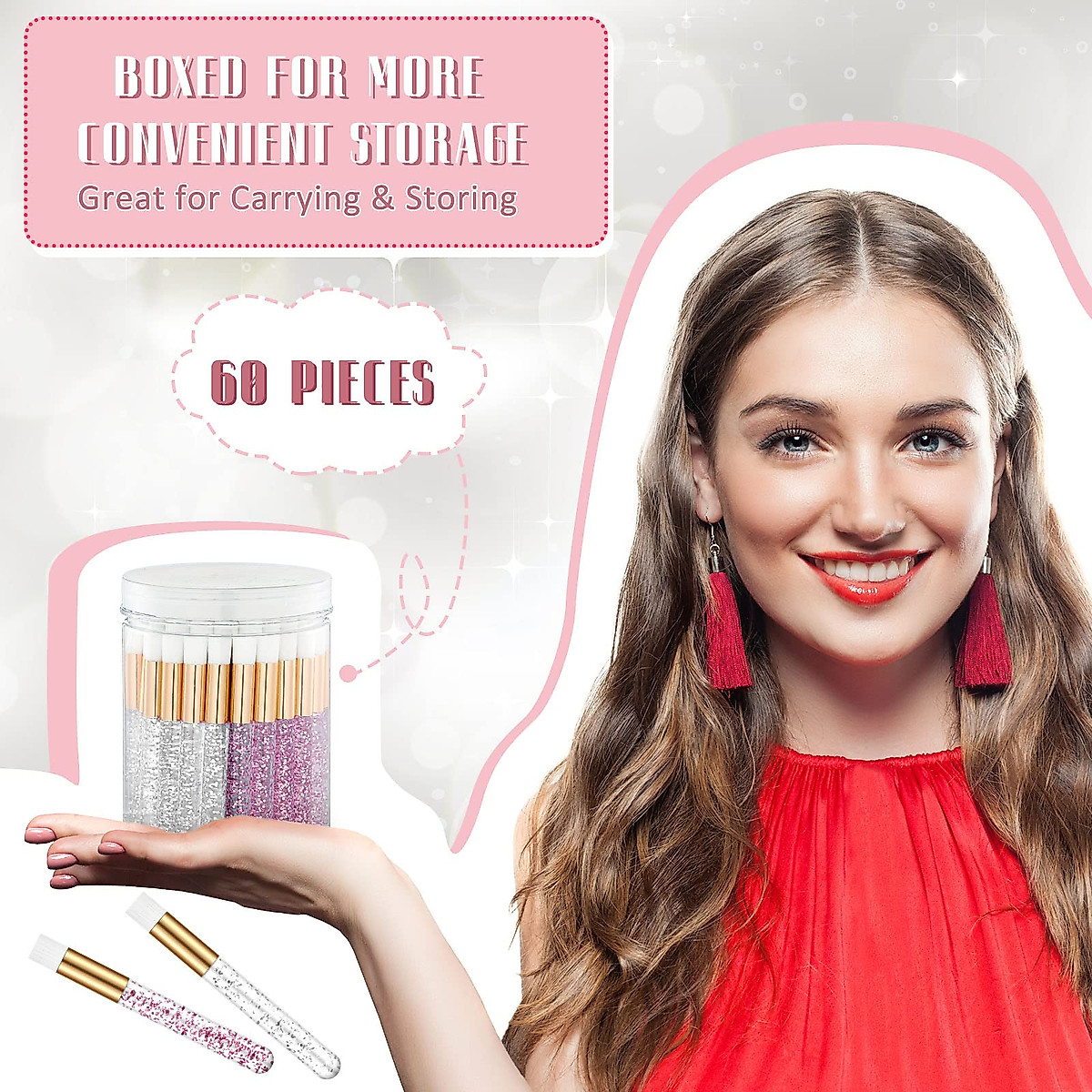 60 Pcs Lash Shampoo Brushes Glitter eyelash Brushes for Cleansing with Container Nose Pore Deep Cleaning Brush Blackhead Removing Brush(Pink, White)