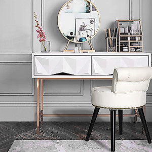 MUPATER Makeup Vanity Stool Chair with Low Back, Round Leather Padded Chair with Wood Legs, White