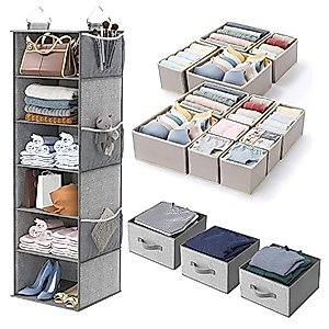 MONINXS Clothes Drawer Organizers Grey & 6-Shelf Hanging Closet Organizer Black