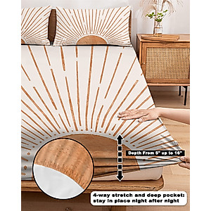 Fitted Sheet Set for Queen Size Bed Mid Century Boho Orange Sun Aesthetic Striped 3 Pieces Bedding Sheets-Deep Pocket Bedsheet Fits Mattress Upto 16",2 Pillow Cases Bedroom Decor Retro Beige