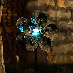 Solar Wind Spinner Magnolia Multi-Color Seasonal LED Lighting Solar Powered Glass Ball with Kinetic Wind Spinner Dual Direction for Patio Lawn & Garden