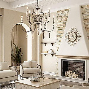 LALUZ Farmhouse Wood Chandeliers for Dining Rooms, 9-Light Distressed French Country Lighting, D39 H38