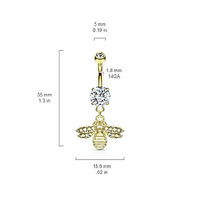 Pierced Owl 14GA 316L Stainless Steel Bumble Bee with AB Crystal Paved Wings Double Jeweled Dangling Belly Button Ring (Gold Tone)
