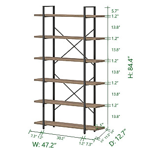 HSH Tall Bookcases and Book Shelves 6 Shelf, Metal Wooden Book Shelf and Storage Rack, Modern Etagere 6 Tier Bookshelf, Farmhouse Large Display Bookshelves for Bedroom Living Room Office, Rustic Oak