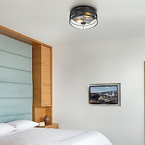 Flush Mount Ceiling Light Fixture, 12 Inch Close to Ceiling Light with Black Metal Cage, Modern Industrial Ceiling Lamp with Seeded Glass for Kitchen Hallway Bedroom Living Room Foyer