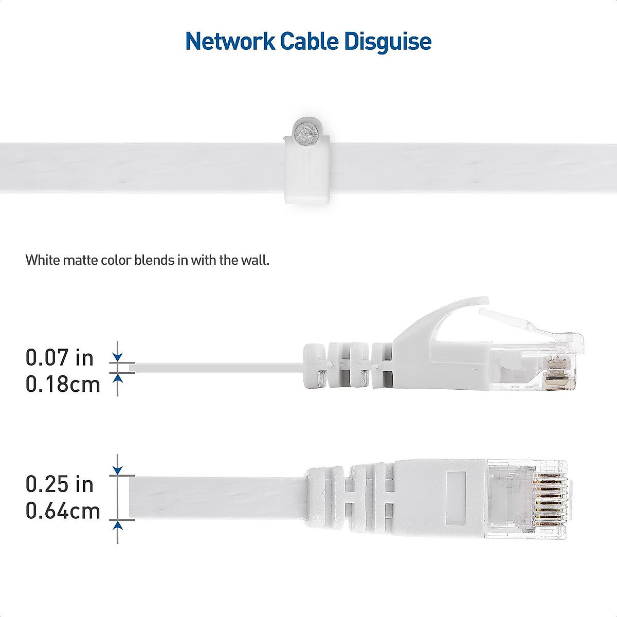 Cable Matters Cat6 Snagless Long Flat Ethernet Cable 50 ft in White with Nail-in Cable Clips