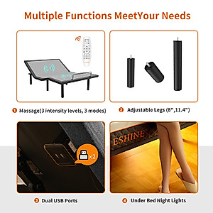 ESHINE 14" Hybrid Mattress Twin XL + Adjustable Bed Frame - Luxury Gel Memory Foam, Upholstered Bed Frames with Massage, USB, Under Bed Night Light, Head and Foot Incline, Split King