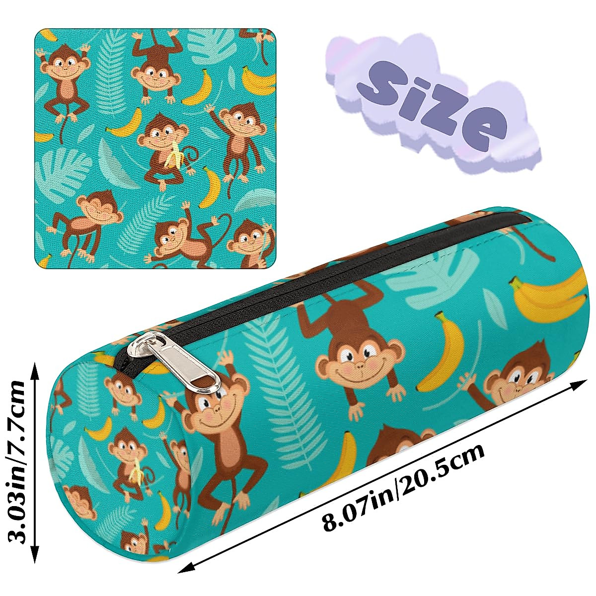Cute Monkey Canvas Pencil Case Bag, Monkey Banana Cylinder Zippe Pencil Case Storage Pouch Simple Stationery Bag for Middle High School Office College Student