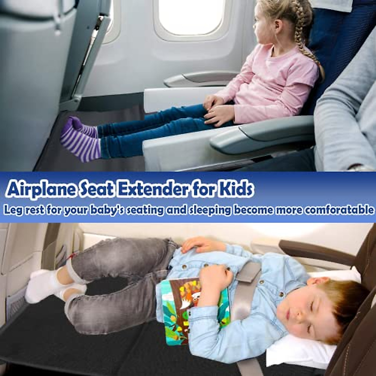 Mity rain Airplane Seat Extender for Kids, Portable Footrest, Baby Airplane Bed with Side Pockets, Flying Travel Essentials with Extended Area 11×4.7 in for Leg Rest & Lie Down（Black）