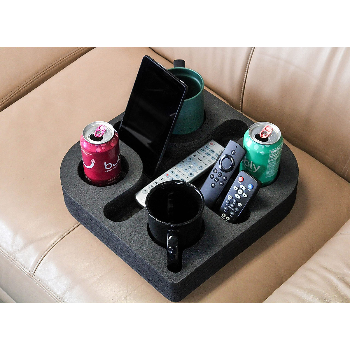 Polar Whale Couch Drink Holder Durable Black Foam Stylish Refreshment Tray for Sofa Bed Floor Car RV Lounge TV Room 5 Compartments 13.75 Inches Wide