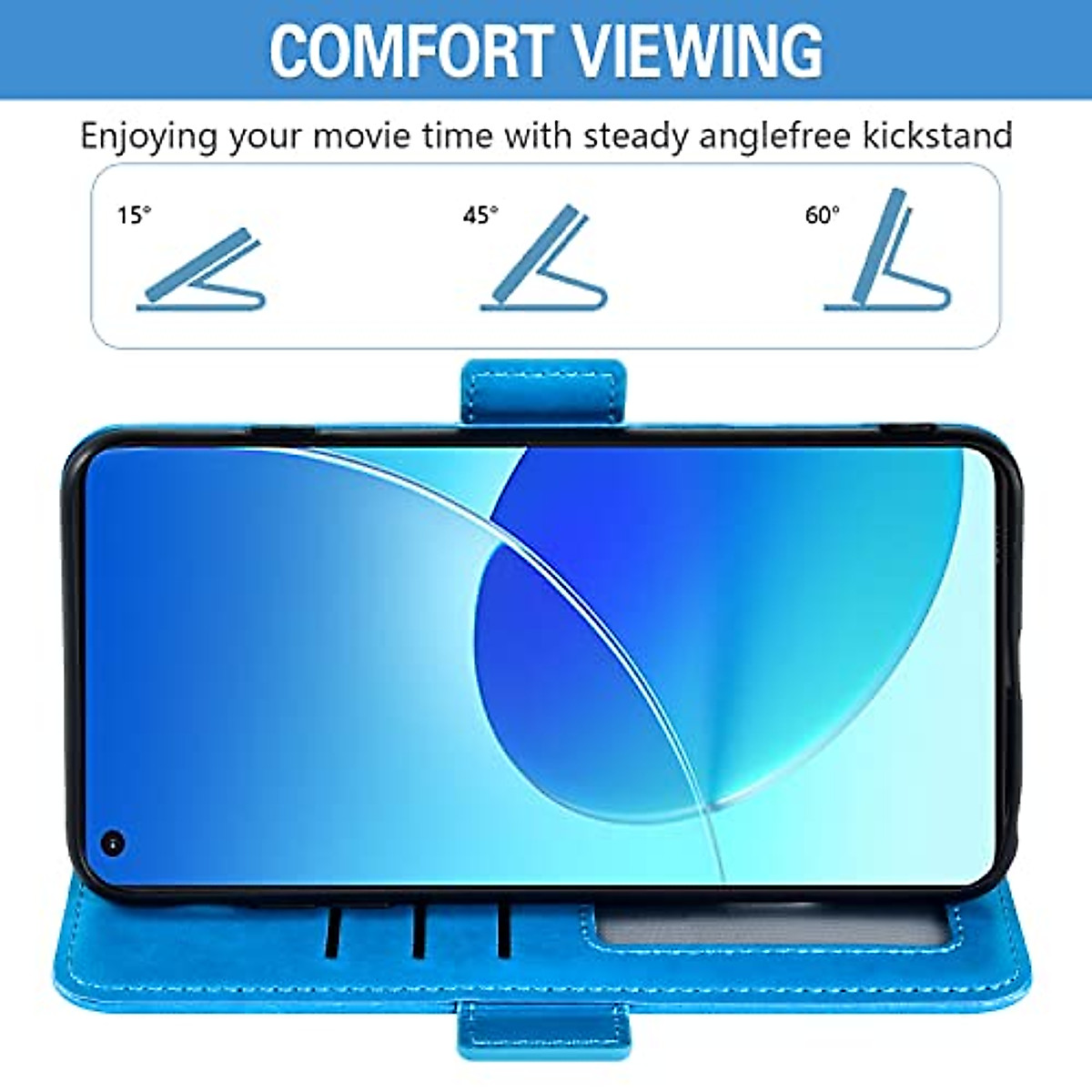 Asuwish Compatible with Oppo Reno 6 5G Wallet Case and Tempered Glass Screen Protector Credit Card Holder Flip Purse Accessories Wrist Strap Stand Folio Cell Phone Cover for Reno6 2021 Women Men Blue