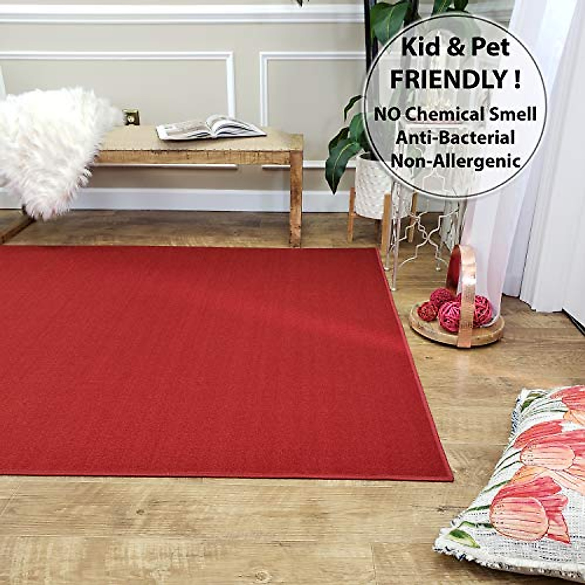 Indoor Doormat Rubber Backed, Solid Red, Non Slip, Kitchen Rugs and Mats