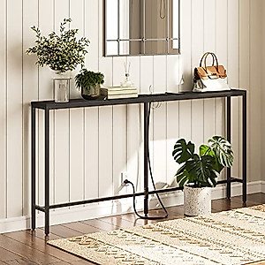 MAHANCRIS Console Table with Power Outlet, 63" Narrow Sofa Table, Industrial Entryway Table with USB Ports, Behind Couch Table for Entryway, Hallway, Foyer, Living Room, Bedroom, Black CTHB16E01