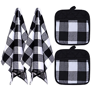 Aneco 4 Pack Check Plaid Dish Towels Pot Holders Oversized 18 x 28 inches Cotton Kitchen Dish Towels Fast Drying Cotton Tea Towels Check Plaid Gift Set