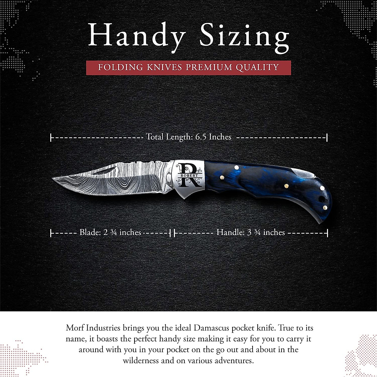 Morf Steelware Customized Damascus Steel Pocket Knife Handmade Folding Knives Small Pocket Knife for Outdoor, Camping, Hiking (Personalized Blue Pakka Wood)