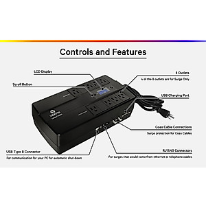 Liebert PST5 UPS - 850VA/500W 120V, LCD Monitoring Screen, Standby Power, 8 Outlets, USB Charging, 3 Year Warranty, Uninterruptible Power Supply, Battery Backup with Surge Protection (PST5-850MT120)