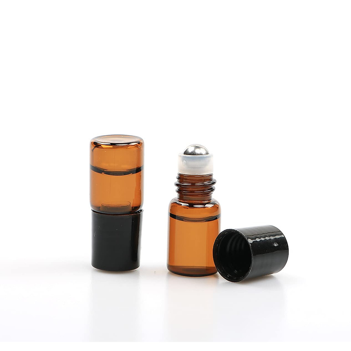 Furnido 25 Pack 2ml Amber Glass Roll on Bottle For Essential Oils,Perfume Vial with Stainless Steel Roller Ball,Black Caps Mini Sample Vials Cosmetics Small Container