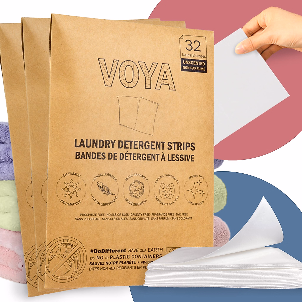 VOYA Unscented Natural Laundry Detergent Sheets 96 loads (32 Loads x 3 Pack) - Eco Friendly Hypoallergenic Baby Organic Laundry Soap Sheets, Premeasured Travel Detergent Pods, Washing Powder & Jabon para Lavar Ropa