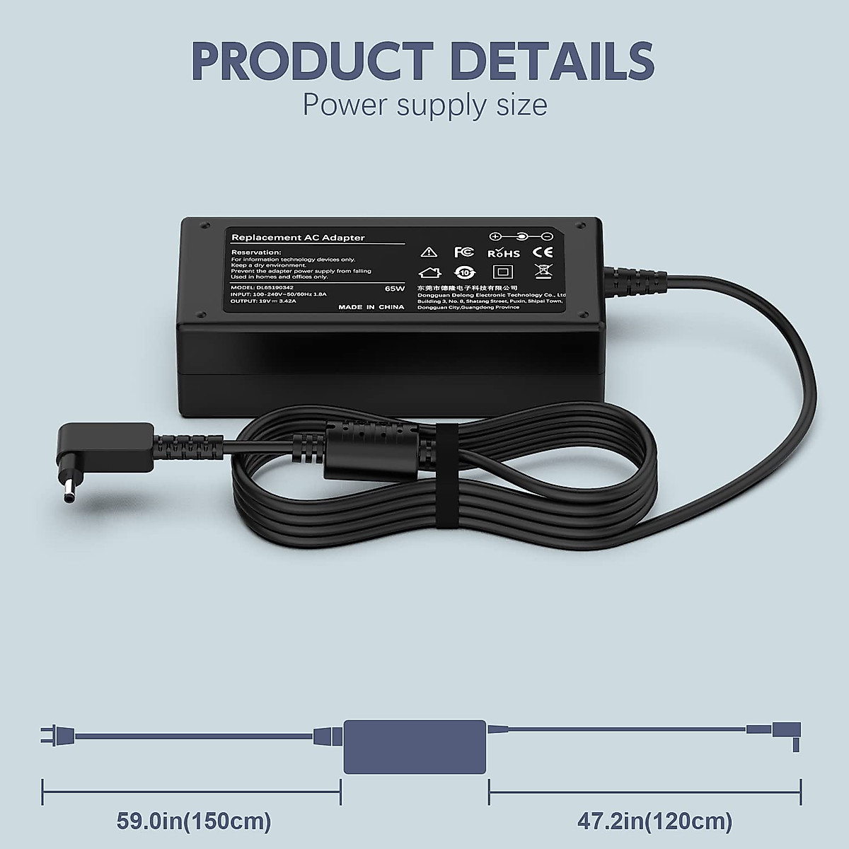 65W 19V 3.42A Laptop Charger for Acer ChromeBook R11 11 13 14 15 C720 C720P CB3 CB3-111; Aspire One Cloudbook 11 14 AO1-131-C7DW C9PM; AC Replacement Adapter Power Supply Cord