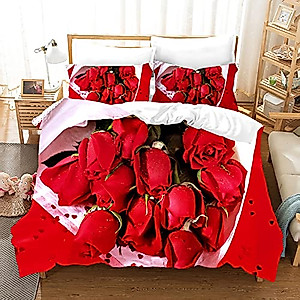 Red Rose Bouquet Duvet Cover King Size 3D Wedding Printed 3 Piece Bedding Sets Microfiber Quilt Cover for Kids Teens Adults Comforter Cover with 2 Pillowcases 104" x 90"