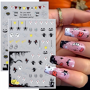 ZTZTST 8 Sheets Halloween Nail Art Stickers Cute Ghost Nail Decals 3D Self-Adhesive Laser Bat Cat Skull Spooky Designs Decals Halloween DIY Manicure Supplies Decorations Nail Charms for Women Girls