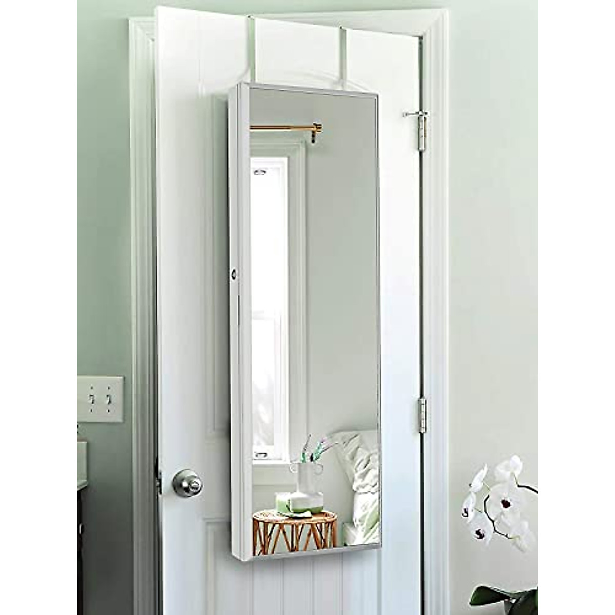 LUXFURNI Mirror Jewelry Cabinet Armoire with 3-Way Mount, Standing, Wall or Door Mounted, Jewelry Organizer with Full-Length Mirror, Lockable, Large Storage, White