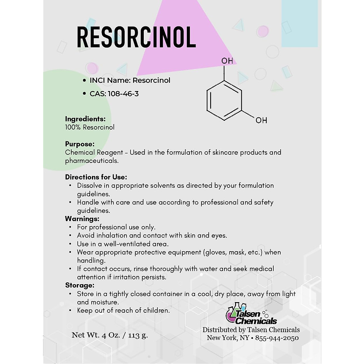 Talsen Chemicals Pure Resorcinol Cosmetic Grade - 1 Oz / 28 g - Organic Resorcinol Powder - Chemical Ingredients In DIY Cosmetics, Personal Care and Beauty Formulations for Skin Care