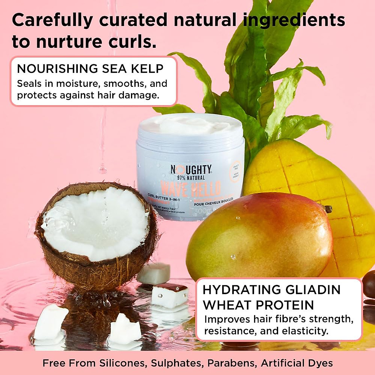 Noughty 97% Natural Wave Hello Curl Butter 3-in-1 Treatment, Moisturising Hair Mask, Leave-In Conditioner and Post Shampoo Conditioning Wash, Sulphate Free Vegan Haircare 300ml