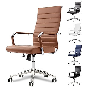 Okeysen Office Desk Chair, Ergonomic Leather Modern Conference Room Chairs, Executive Ribbed Height Adjustable Swivel Rolling Chair for Home Office. (Brown)