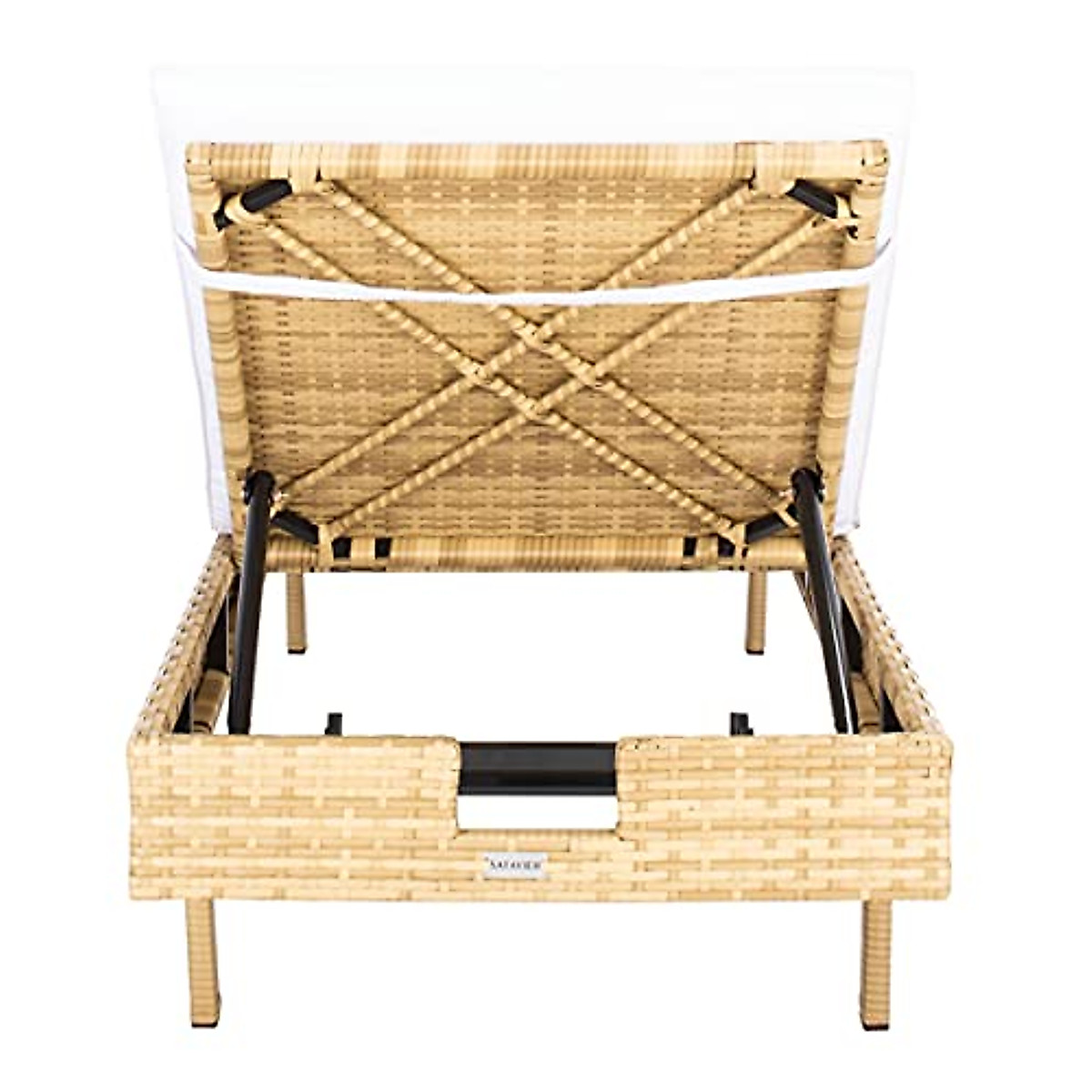 SAFAVIEH Outdoor Collection Cam Natural Brown Wicker/White Cushion Adjustable Chaise Lounge Chair, Black/Beige (PAT7501D)